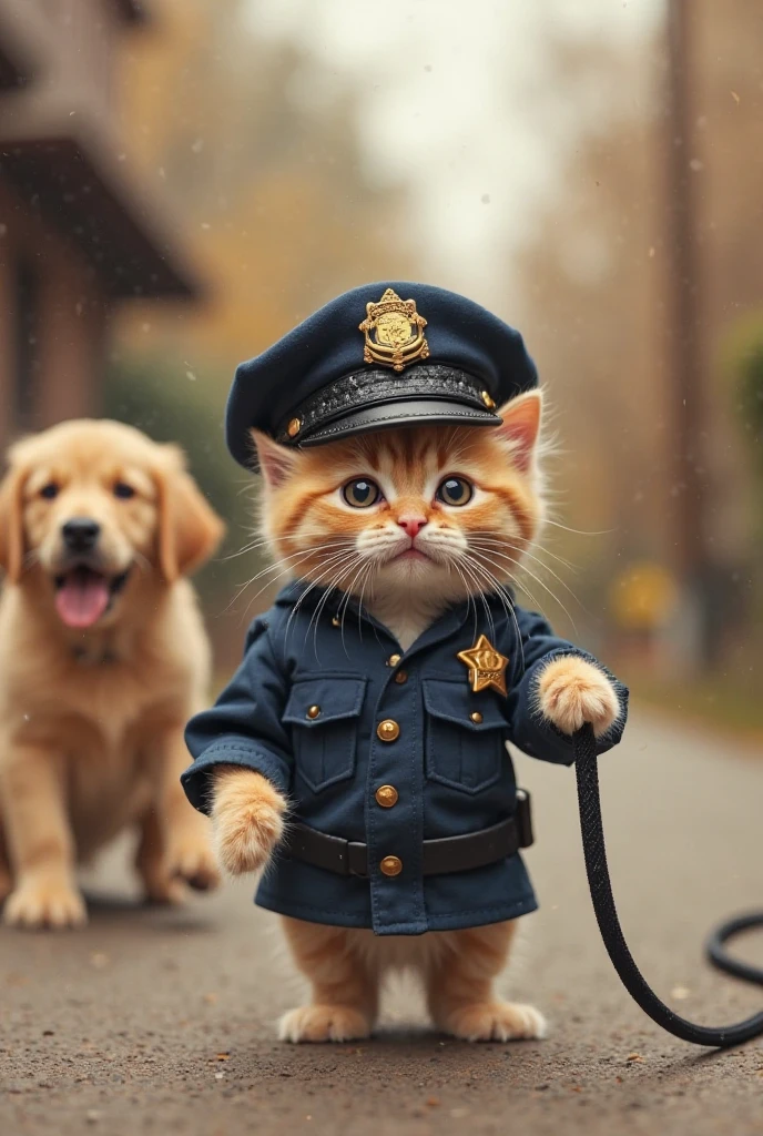 A miniature police kitten, still teacup-sized, dressed in a slightly ...