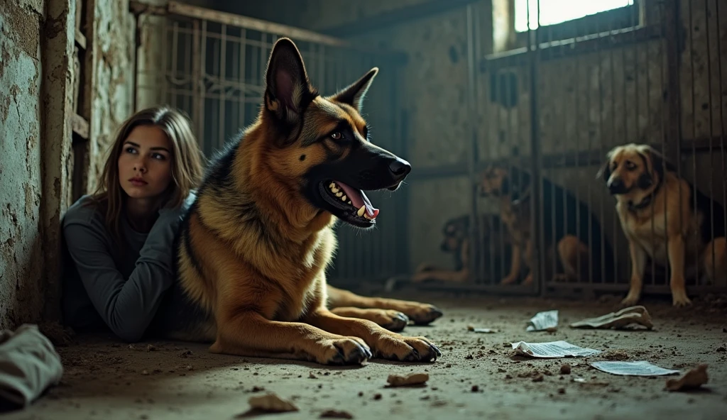 A tense and dramatic scene featuring a fierce-looking German Shepherd ...