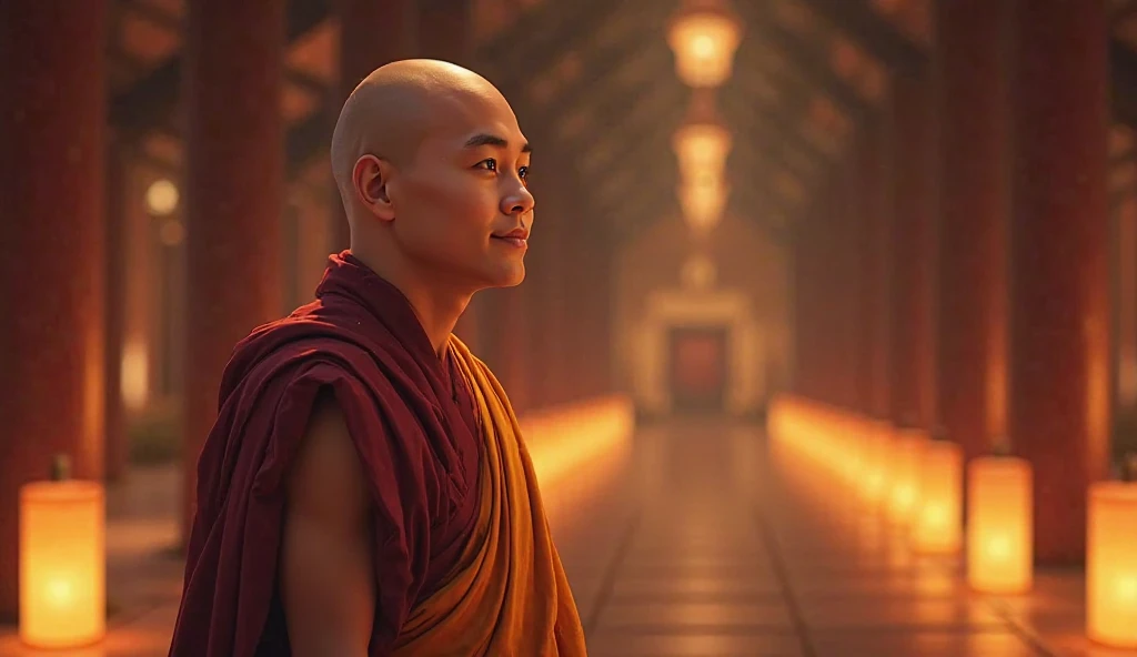 Inside a grand buddhist ashram, a Buddhist young man stands in calm ...