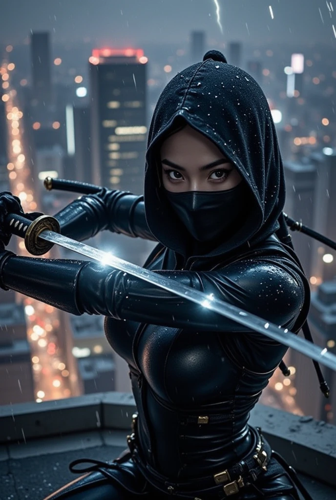 Close up, ninja woman in action, ninja shadow black uniform, holding ...