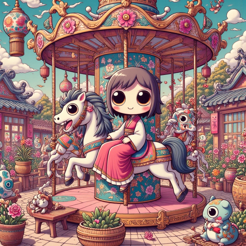 (Beautiful ren riding carousel at Chinese Cloisonné theme park - SeaArt AI