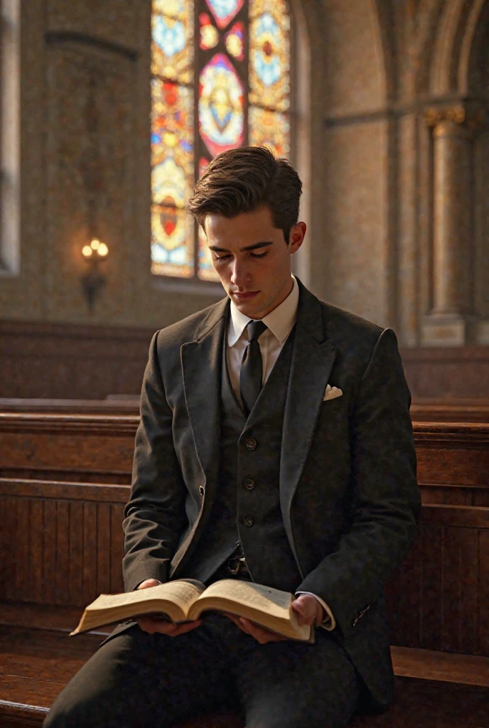 A young man, well dressed, sitting on a church bench , holding a Bible ...