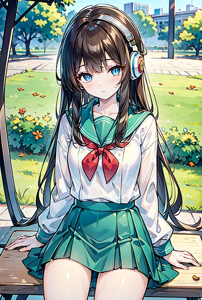 Young and shy female high school student, loose brown hair, blue eyes ...