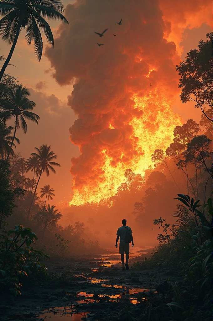 In the background, a part of the jungle is burning, showing human ...