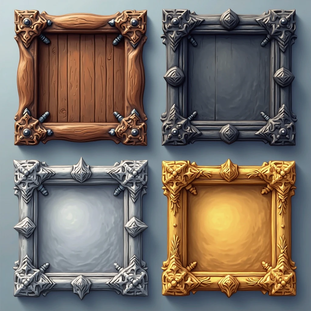 Create four Disney-style square frames, each with a different material ...