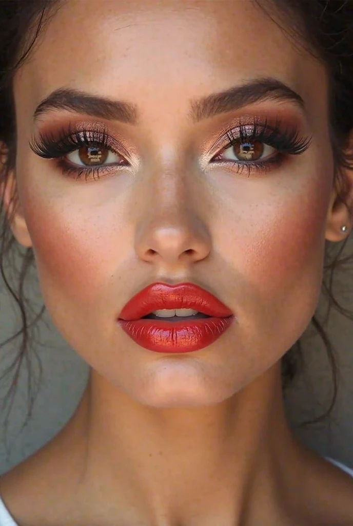 Close-up of a woman applying vibrant lipstick, blending eyeshadow ...