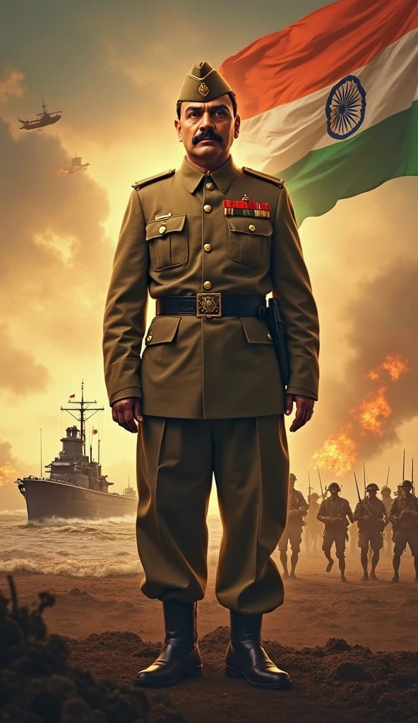 A powerful, cinematic portrait of Subhas Chandra Bose, standing tall in ...