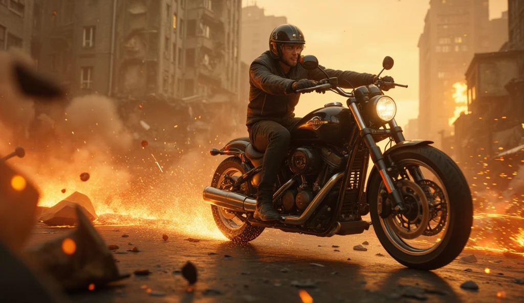 Scene: Jason rides a motorcycle through a burning cityscape, dodging ...