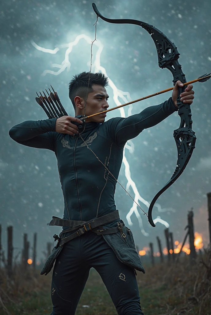 A skilled male recurve archer stands in an epic pose, gripping a ...