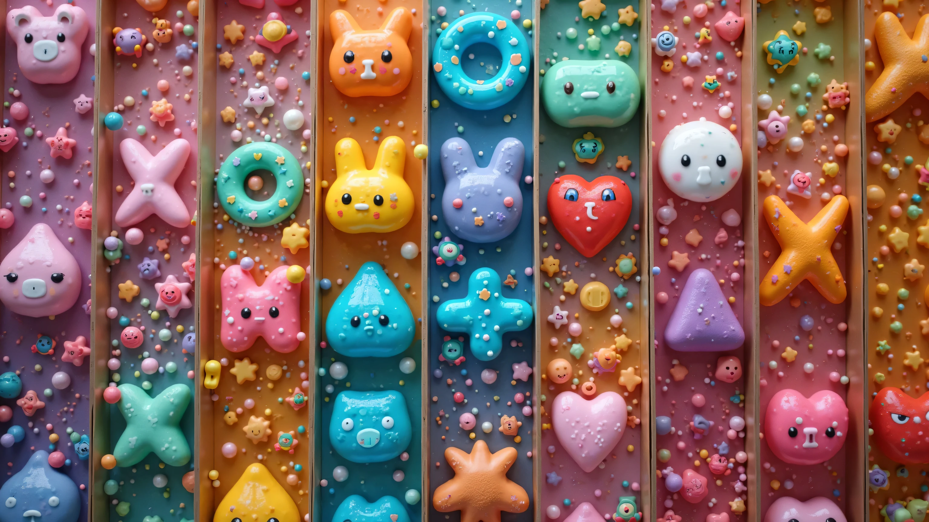 There are many different colored candies in a row on a table - SeaArt AI