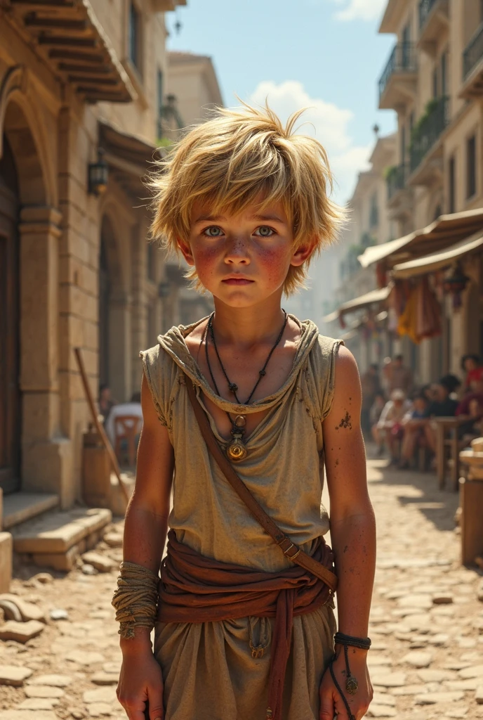 Create me a fair-haired boy who was orphaned and lived in lively ...