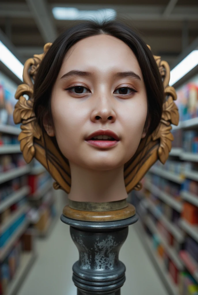 (( disembodied head inside a plaque at the toys store )) a beautiful ...
