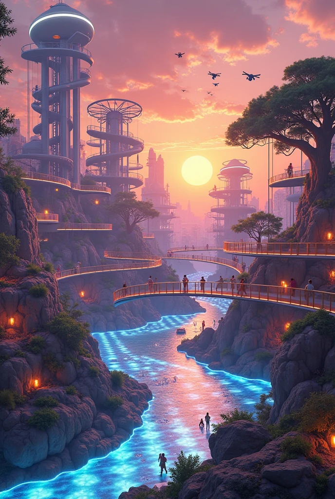 Visualize a sprawling, futuristic playground under a vibrant sunset sky ...