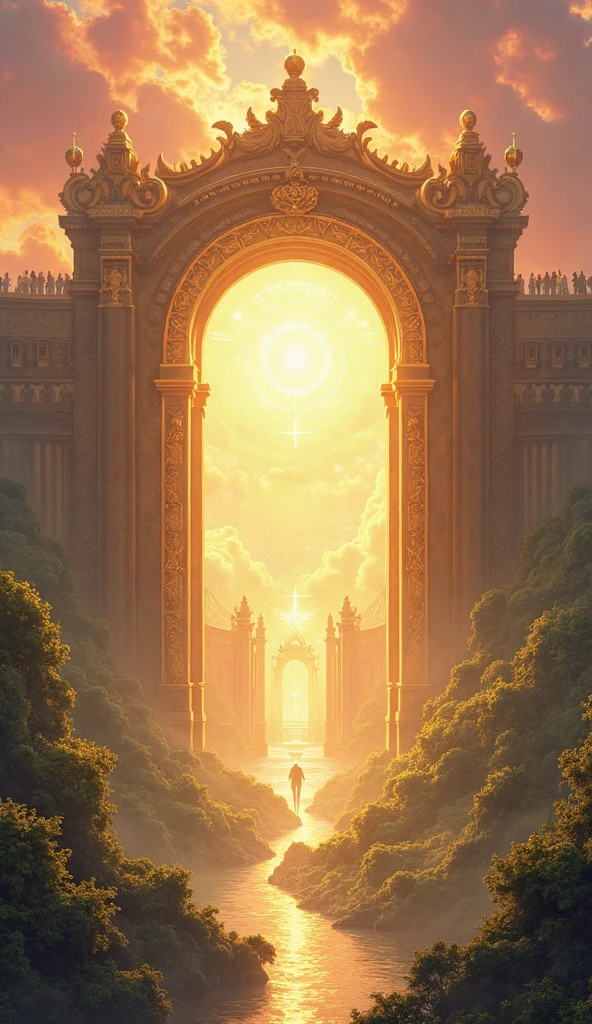 A grand celestial gate glowing with golden light, wide open, leading to ...