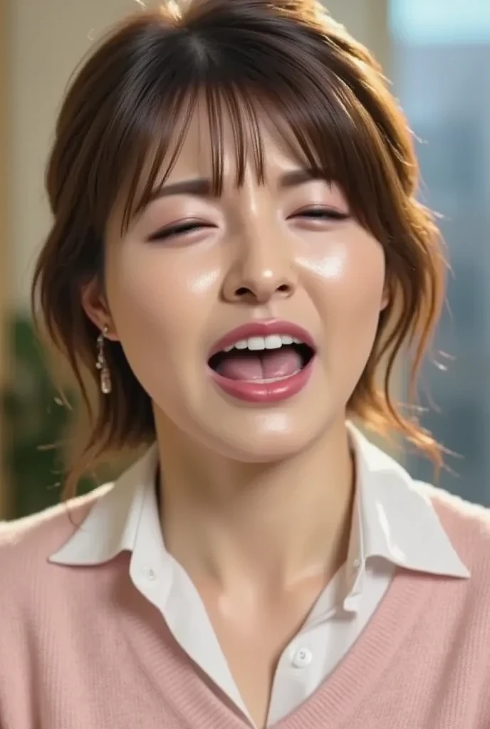 beautiful brown-haired woman closing her eyes and shouting - SeaArt AI