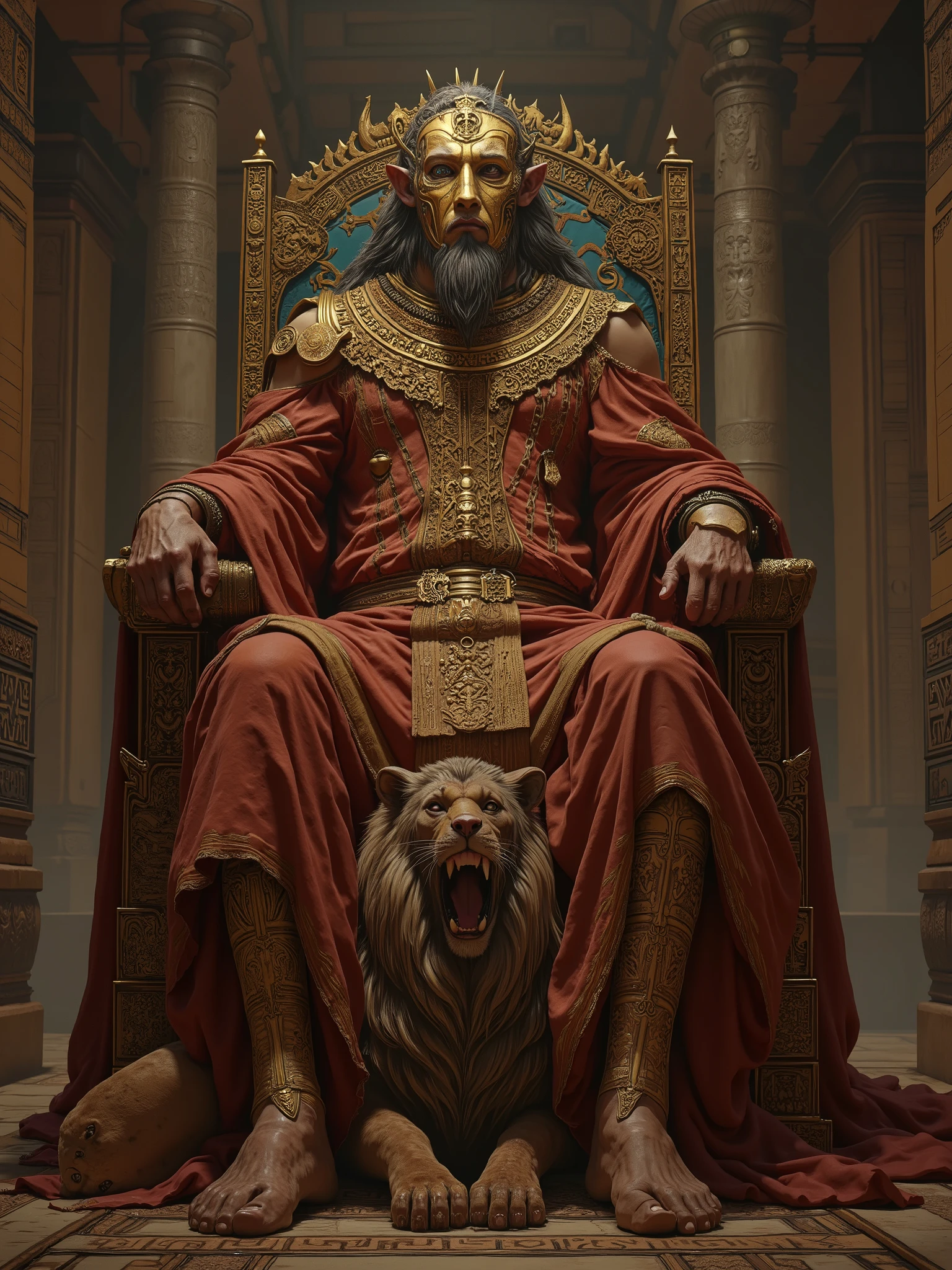 Arafed man sitting on a throne with a lion in front of him - SeaArt AI