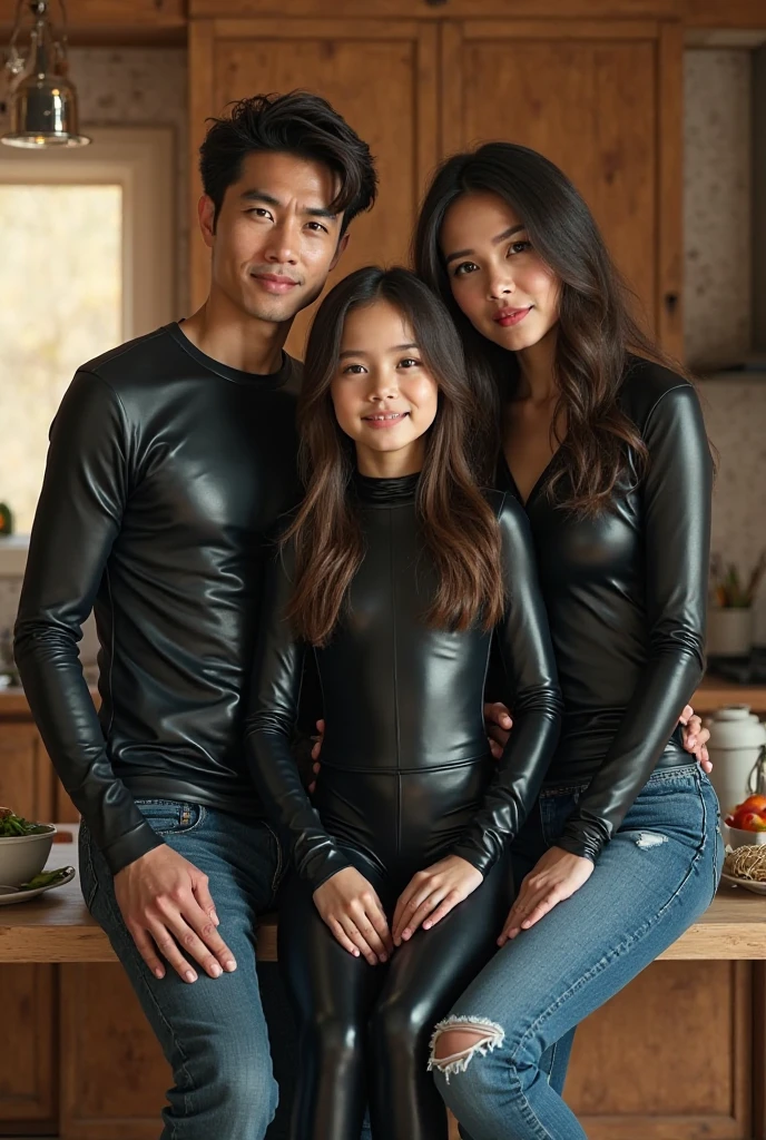 A girl and her family wearing a full enclosed bodyfit skintight black ...