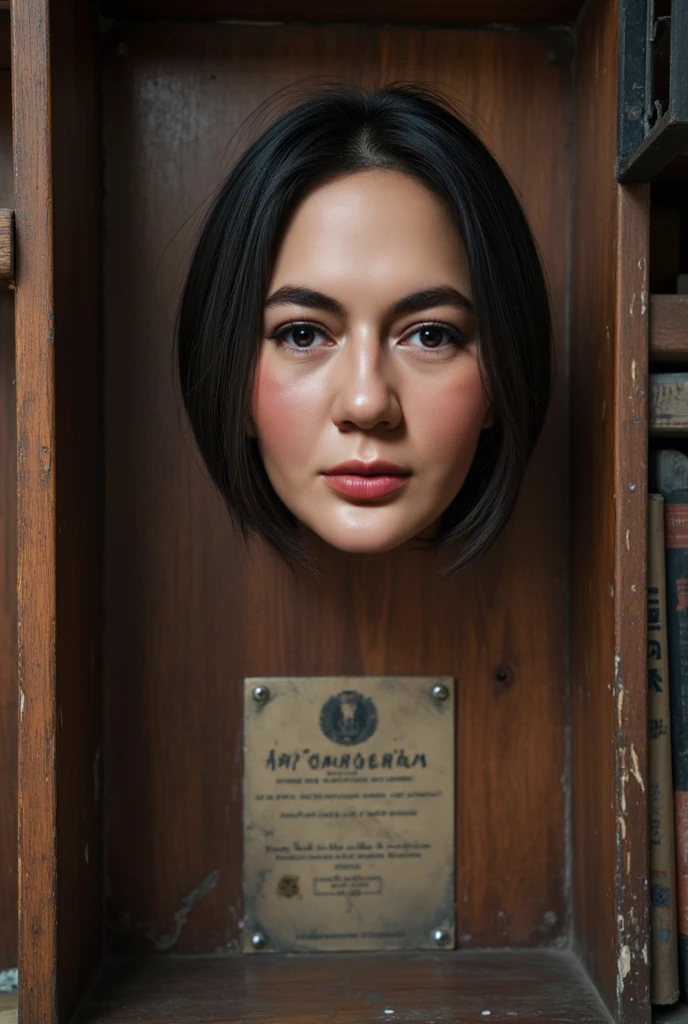(( disembodied head hangs with a pleque on the store wall as an antique ...