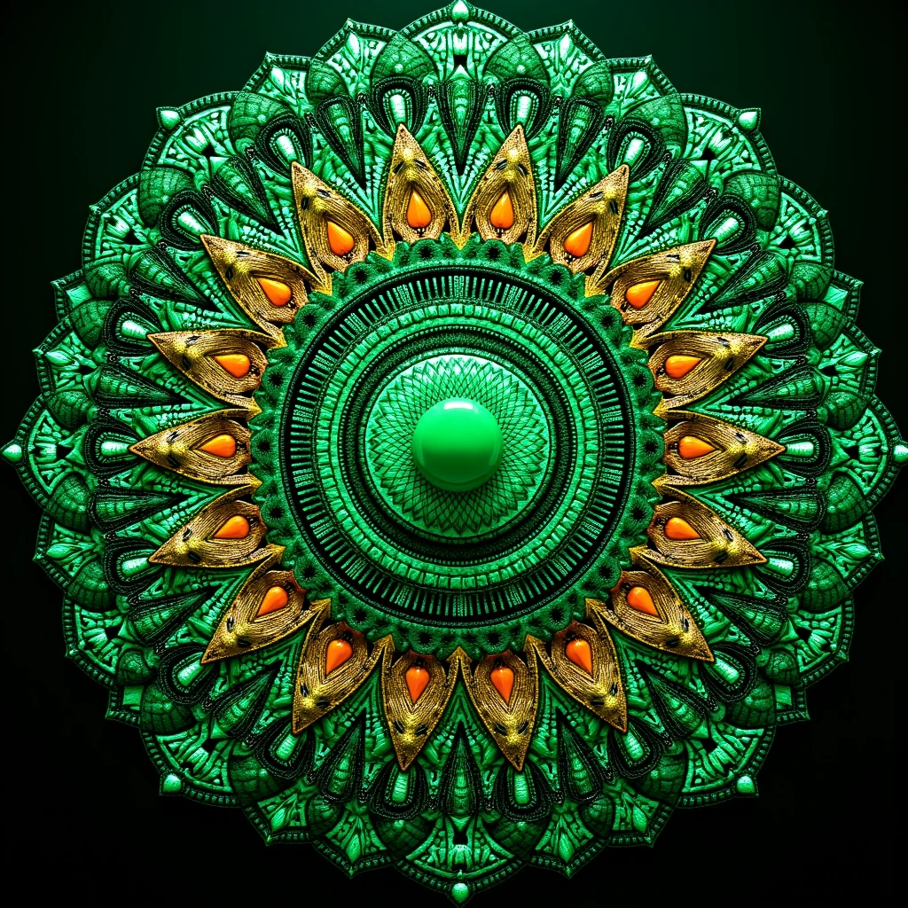 A mandala made of emeralds,serpentine stone, jade and amber, that ...