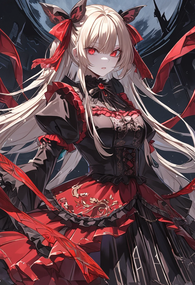 Blond with a big face。long twin tails。red lace ribbon 。crimson eyes ...