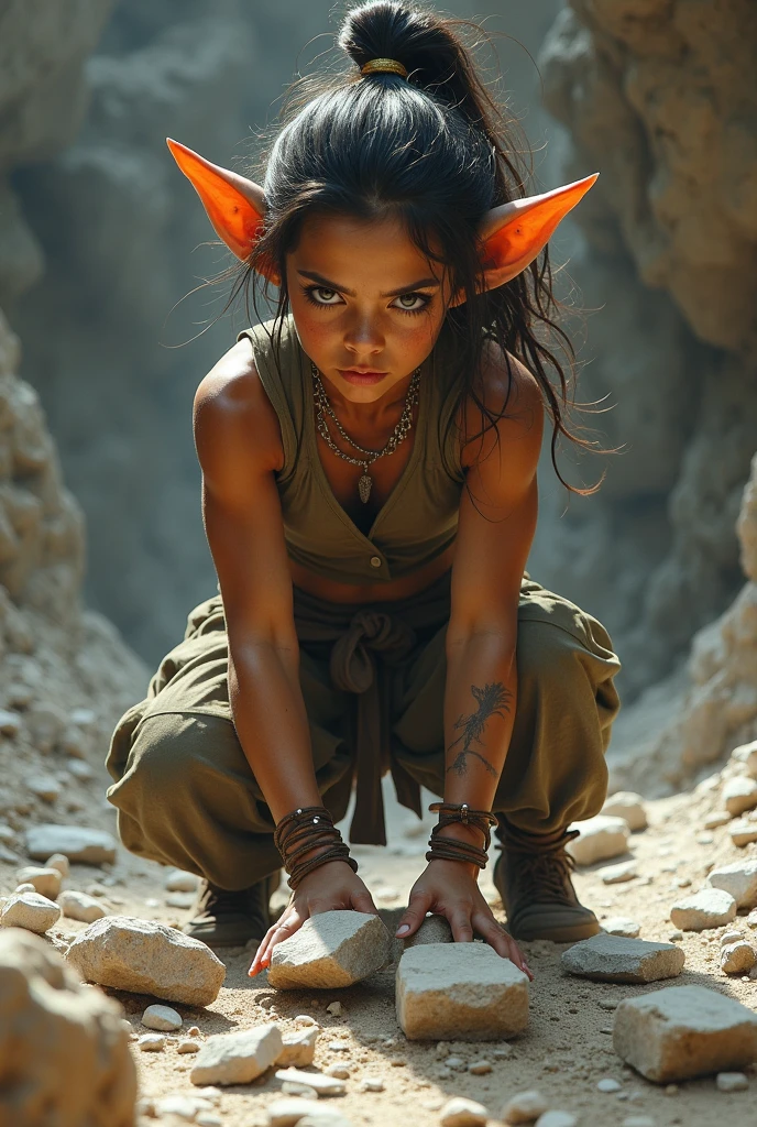 A girl of mixed race between goblins and humans,Crushing rocks - SeaArt AI