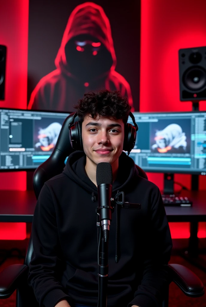"A young male gamer with black hair, wearing a black hoodie and ...