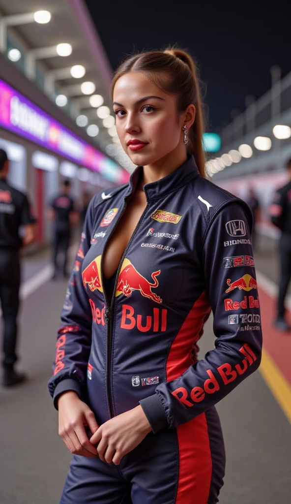 A confident female Formula 1 driver, (((wearing the official 2024 Red ...