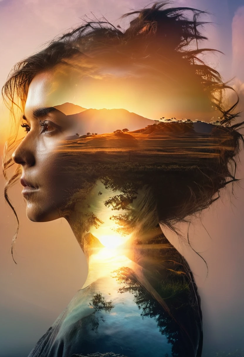 Double face exposure style of a beautiful young woman, superimposed on ...