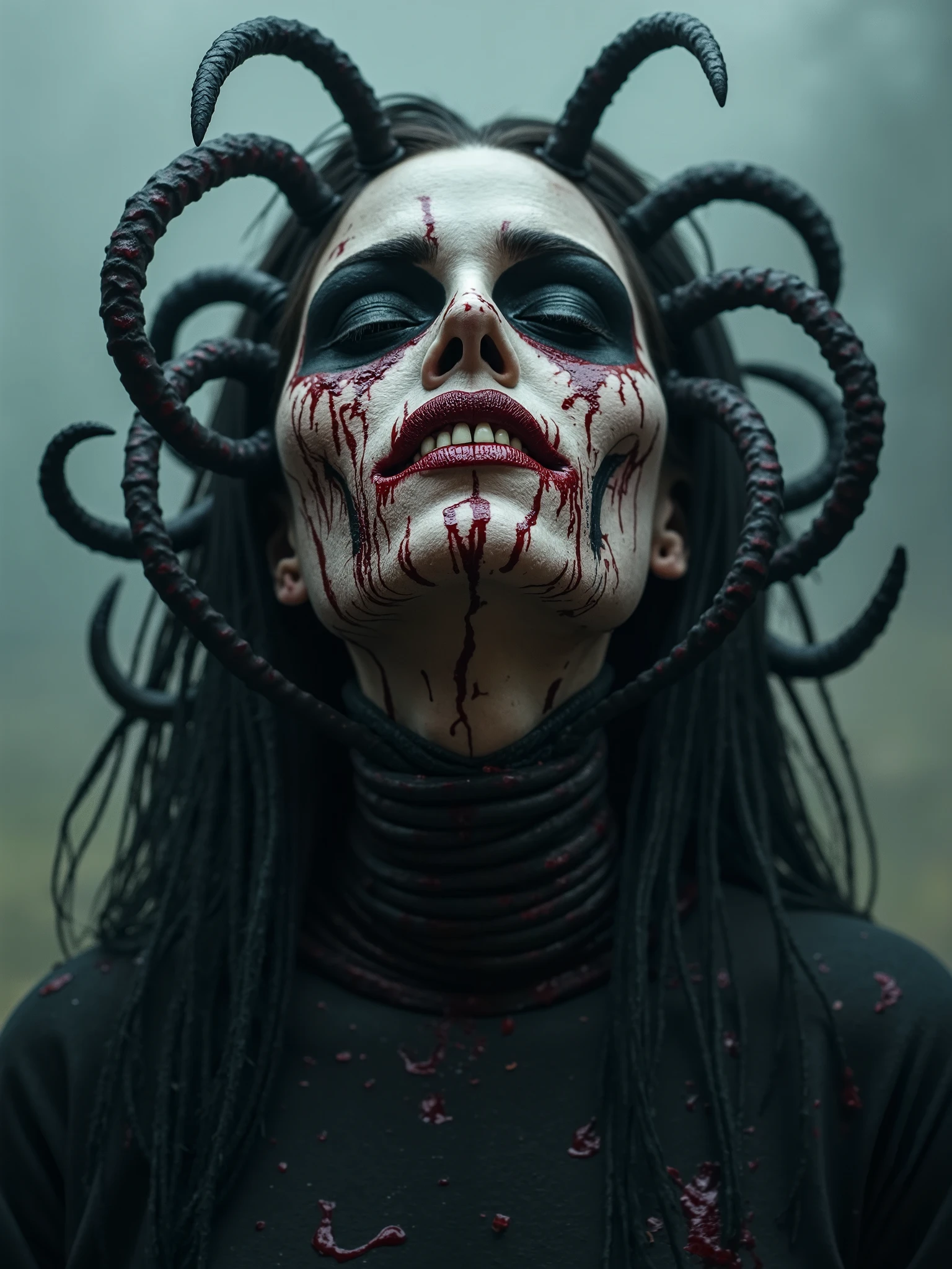 Arafed woman with a creepy face and horns on her head - SeaArt AI