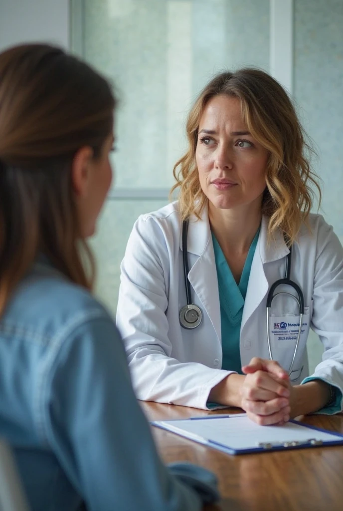 "Show the doctor leaning forward slightly, showing concern. She asks ...