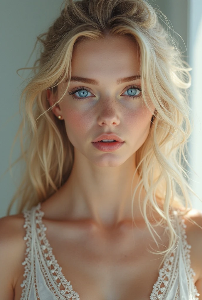 Make it prettier and with blue eyes and make her more realistic and she ...