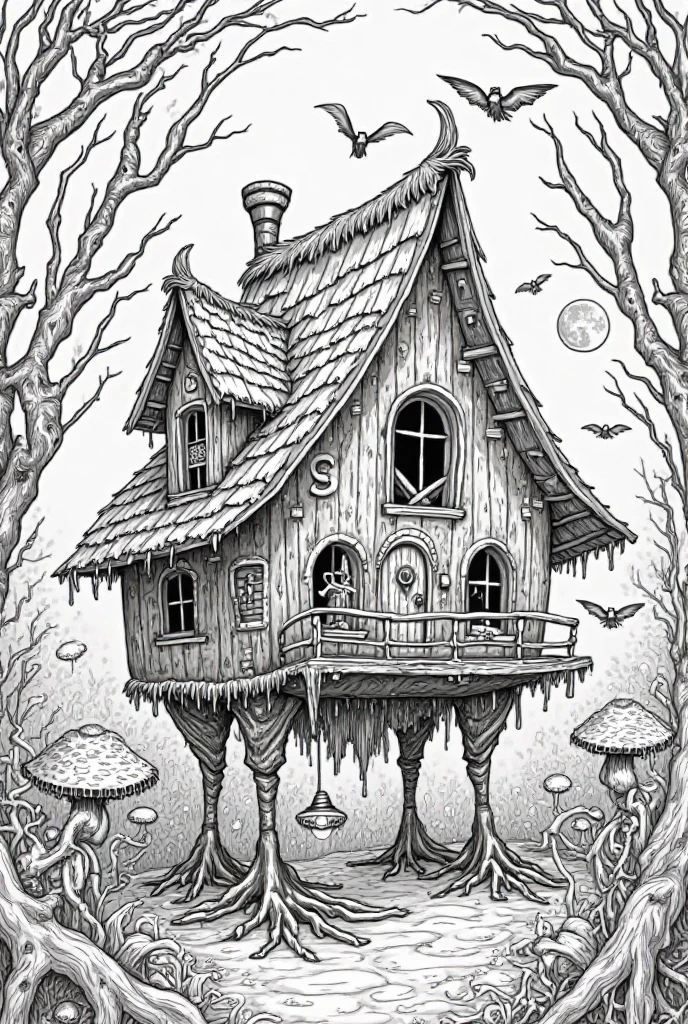 "A black-and-white outline illustration of Baba Yaga's house - SeaArt AI