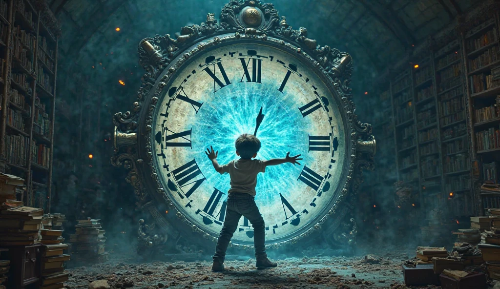"A massive, ancient clock with intricate gears and glowing symbols ...