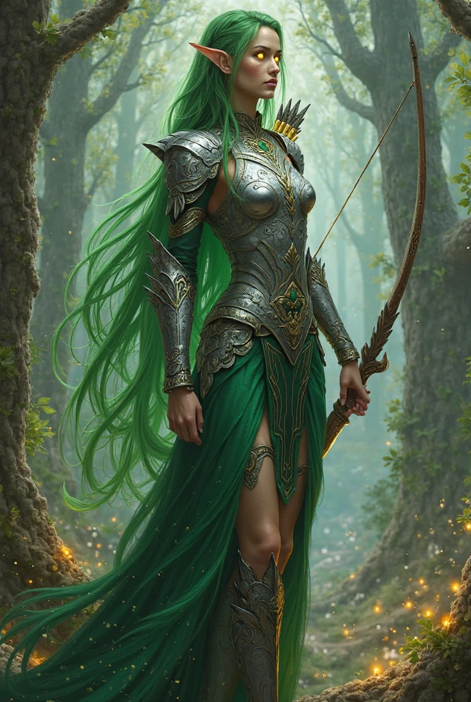 A tall, elegant elven girl with long, flowing emerald hair and glowing ...