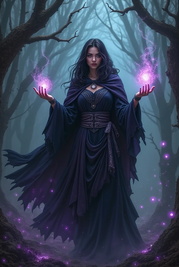 A dark and powerful mage conjuring spells from her hands, surrounded by ...