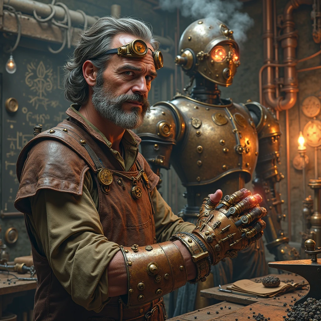 "A grizzled human artificer in a medieval steampunk workshop - SeaArt AI