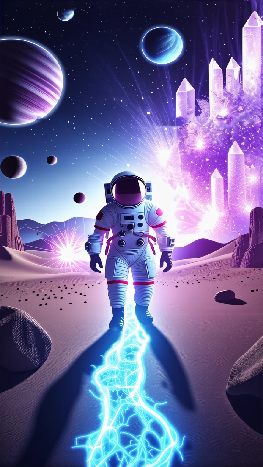 An astronaut in an alien desert under a sky with multicolored planets ...