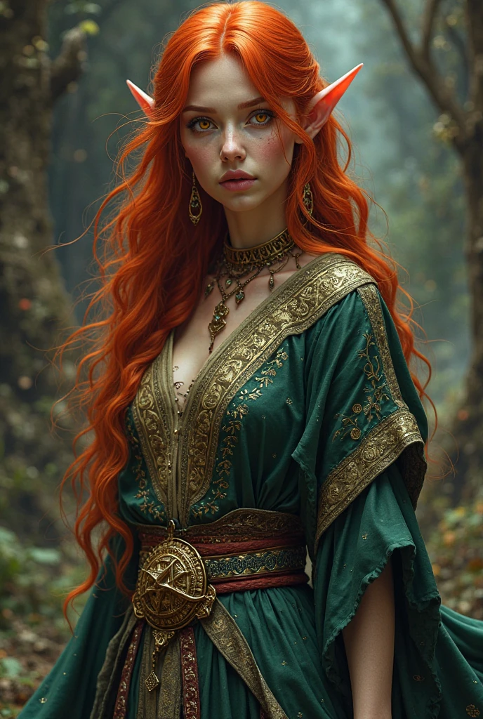 Red-haired elf, witch, long hair, red eyes, wizard's clothes - SeaArt AI