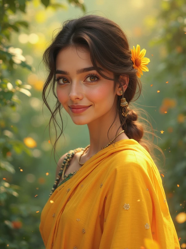 Girl of medium and dark height with yellow chudi and a yellow flower in ...