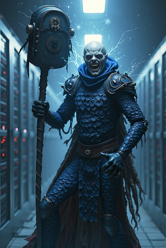 A vampire in blue marine armor using a backpack as a mace to destroy an ...
