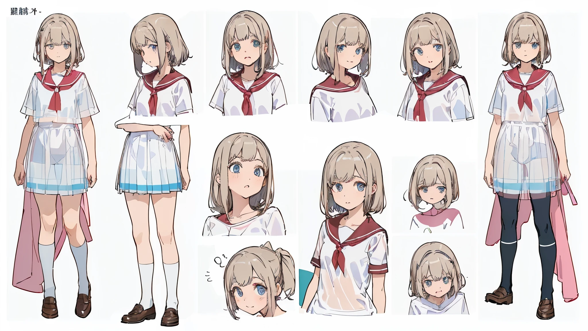 Anime character sheet of a girl with different hairs and clothes ...