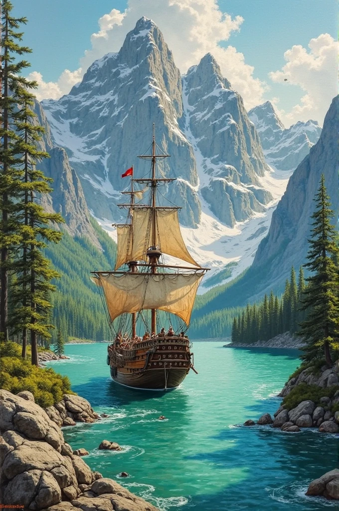 Handmade painting of alpine trees, green bright water lake and a pirate ...