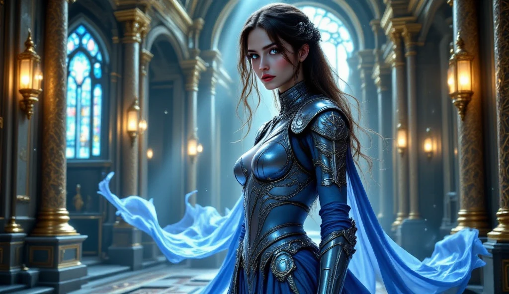 Lyra, a 20-year-old warrior angel with flawless European features ...