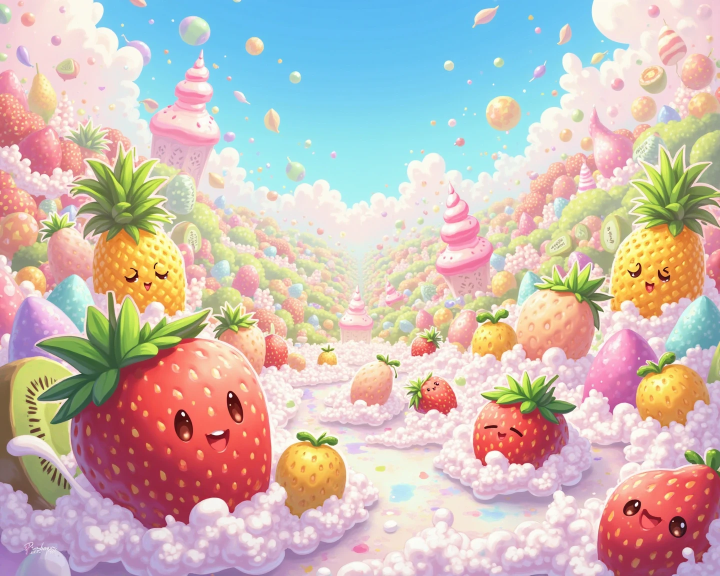 Fruit anime landscape with touches of luminous neon, Fruit and ice ...