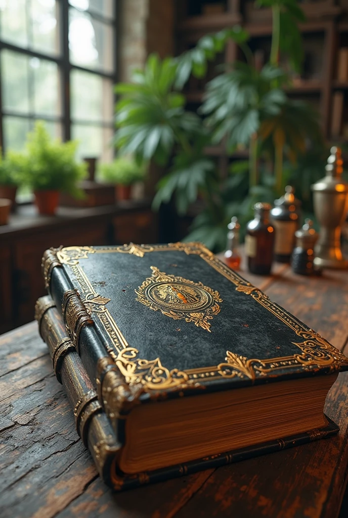 A large, ancient book with a small, ornate cover, thick weathered tome ...