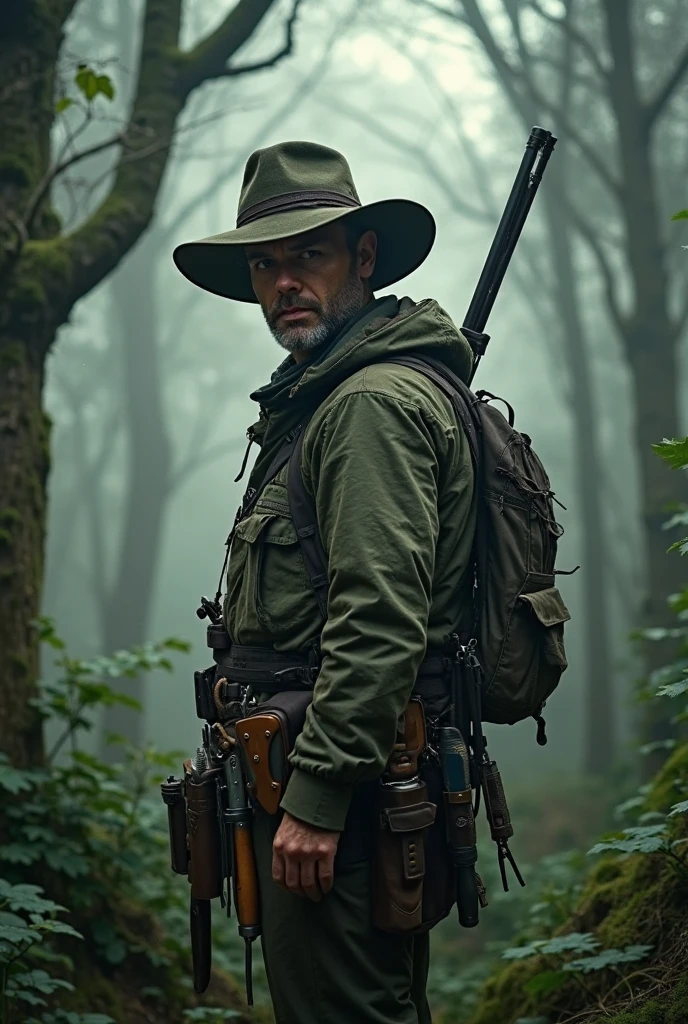 An animal hunter stands in the dense forest, wearing a traditional ...