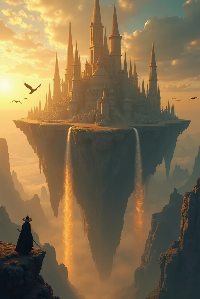 Massive collection of islands, hangs high in the sky bathed in golden ...