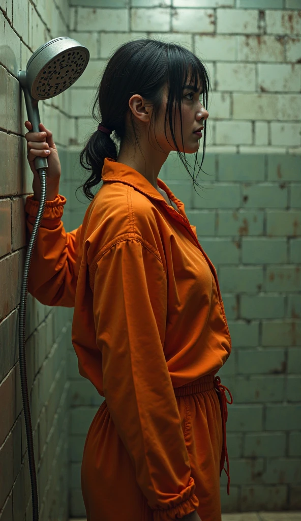 Female convict wearing an orange uniform,In the prison bathroom - SeaArt AI