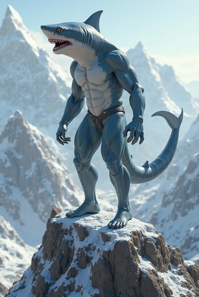 Make a picture of shark with human legs on mountain - SeaArt AI