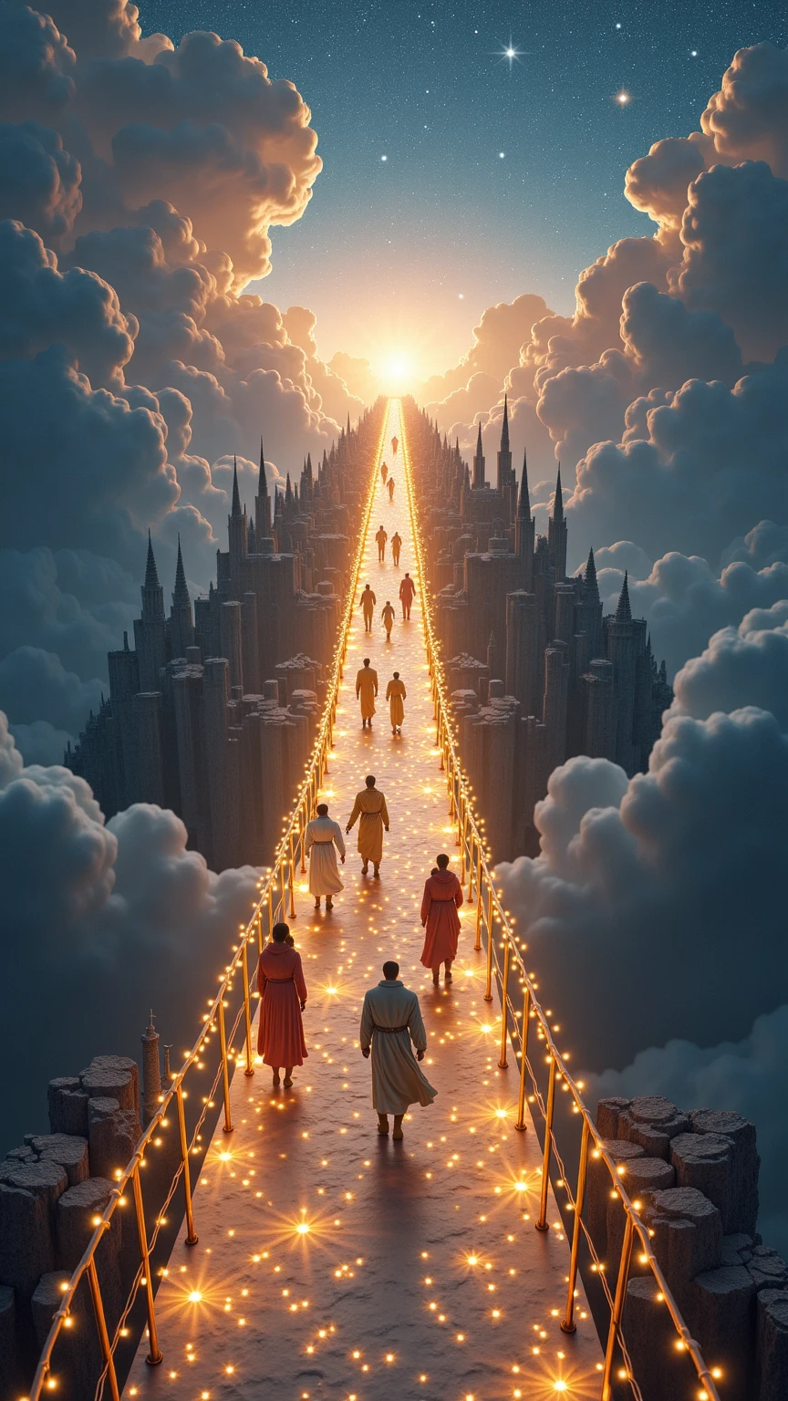A glowing bridge made of stars connects Heaven and Earth. People from ...